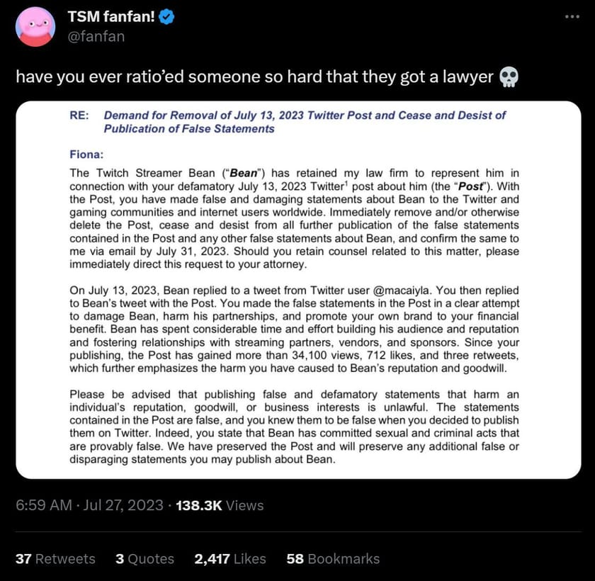 "Have you ever ratio'ed someone so hard that they got a lawyer ...