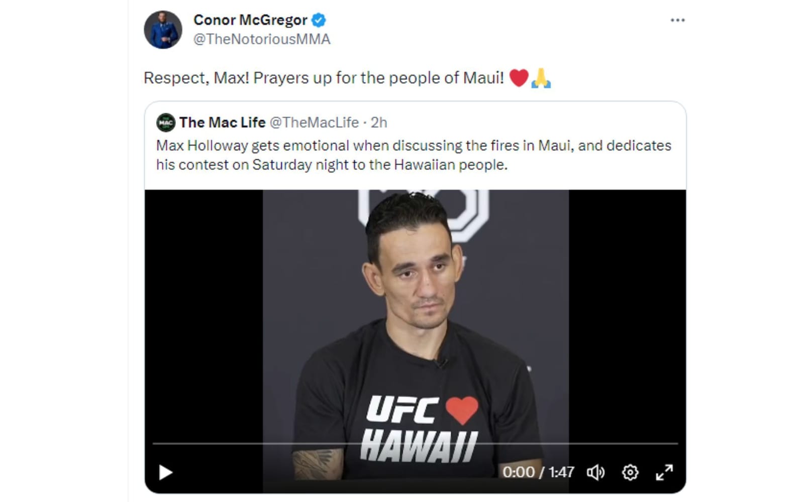 Max Holloway: "Respect" - Conor McGregor sends prayers Max Holloway's ...
