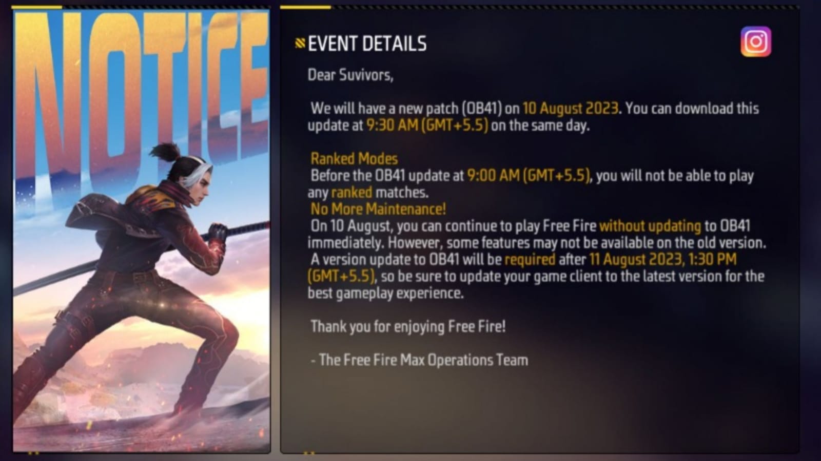 Free Fire MAX OB41 update, server status, features, and rewards