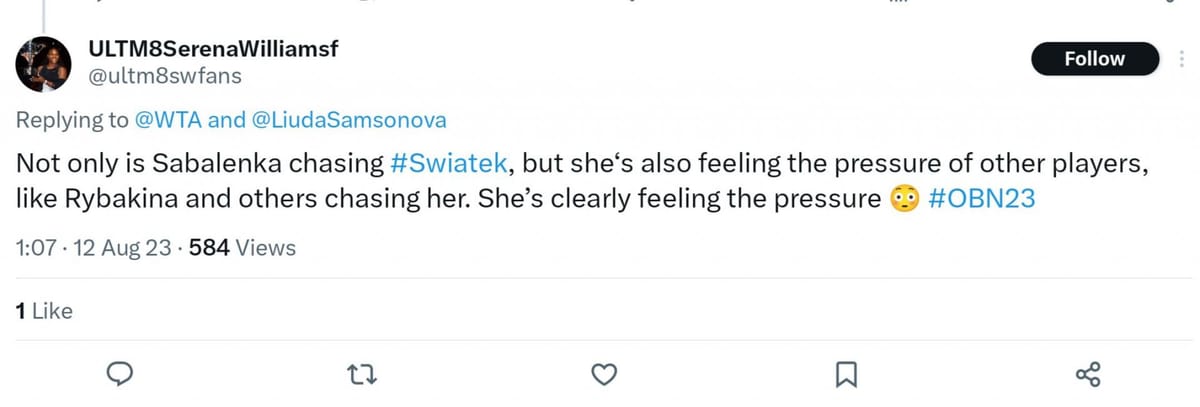 "Really doesn't want to be No. 1" "Unserious girl; when she gets close ...