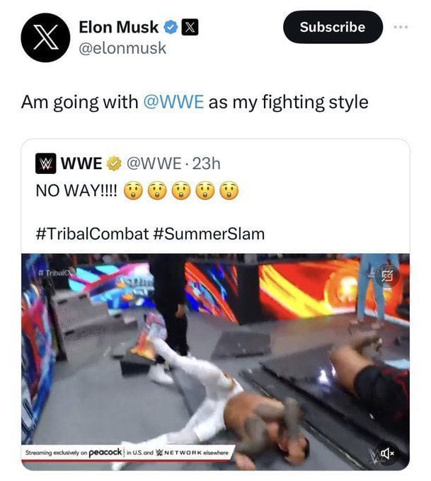 39-year-old star responds to Elon Musk's tweet about WWE 'fighting style'