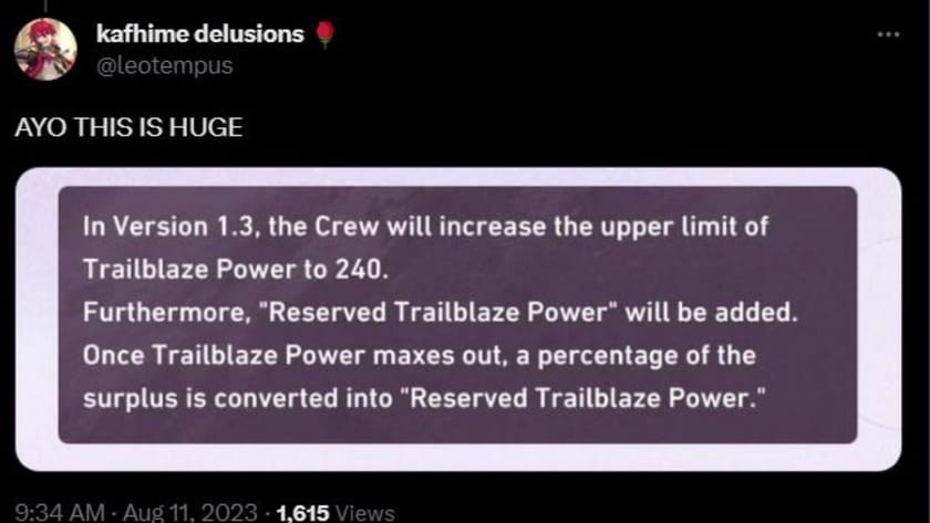 'The Trailblaze Power increase is something Genshin players can only ...