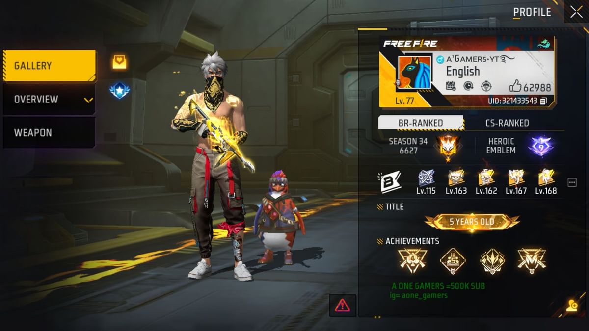 A one gamers' Free Fire ID, stats, rank, guild, and more