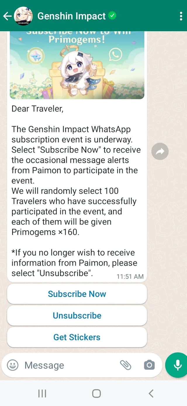 Genshin Impact WhatsApp subscription event: Guide to win free Primogems