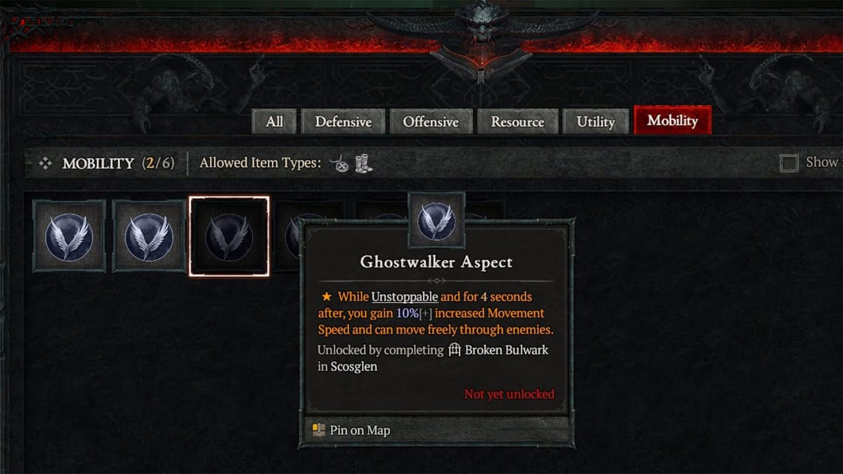 Diablo 4 Season of the Malignant Mobility Aspects tier list