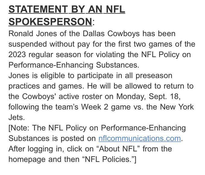 Why did NFL suspend Ronald Jones? Cowboys RB’s suspension’s reason explored