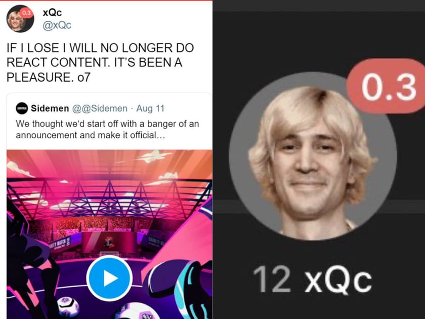 xQc’s post about leaving react content if he loses Sidemen Charity ...