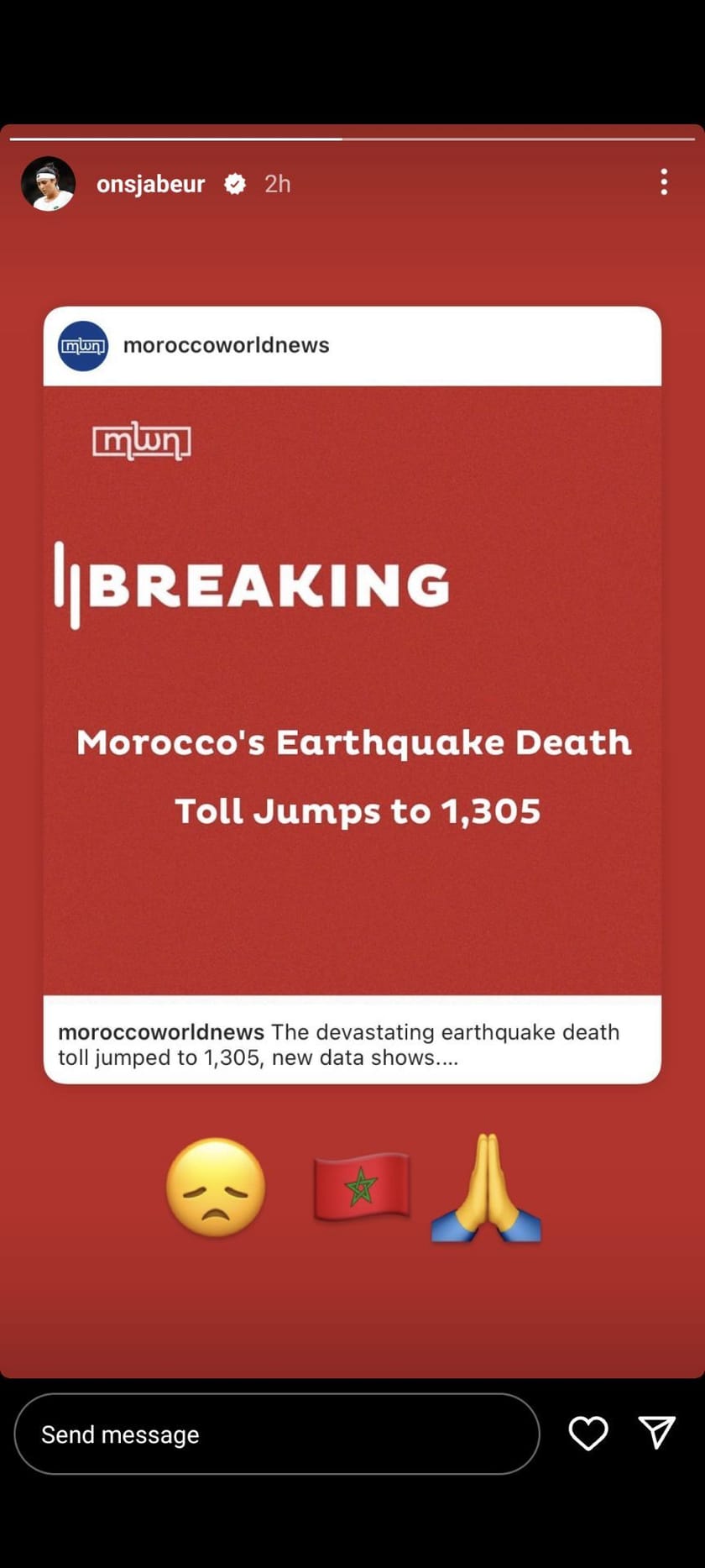 Ons Jabeur pays her condolences after massive earthquake kills over 2,000 people in Morocco