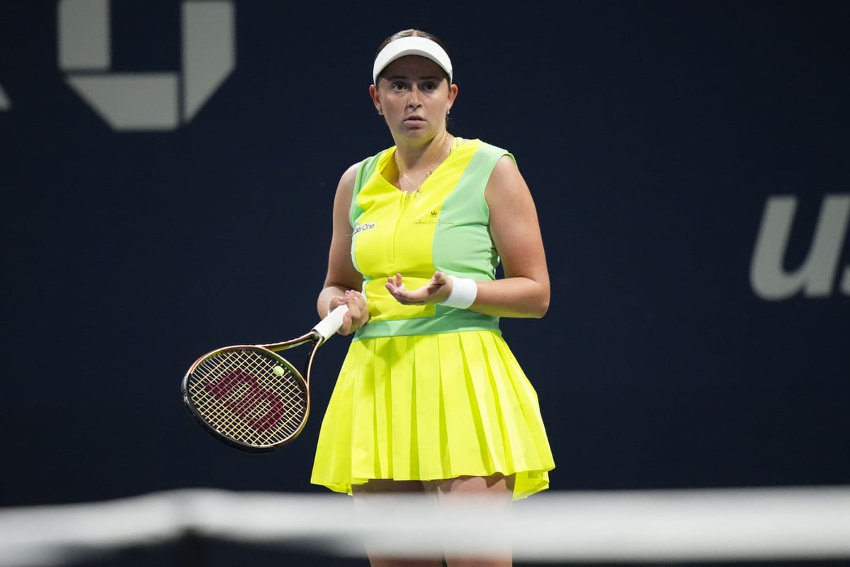 Jelena Ostapenko gestures at fan to leave stadium during Bernarda Pera ...