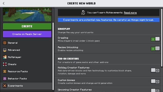 How to play Experimental Features in Minecraft