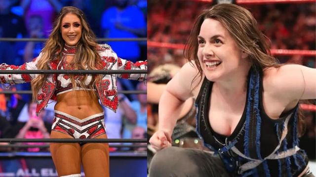 Britt Baker reacts after WWE Superstar Nikki Cross makes a major announcement