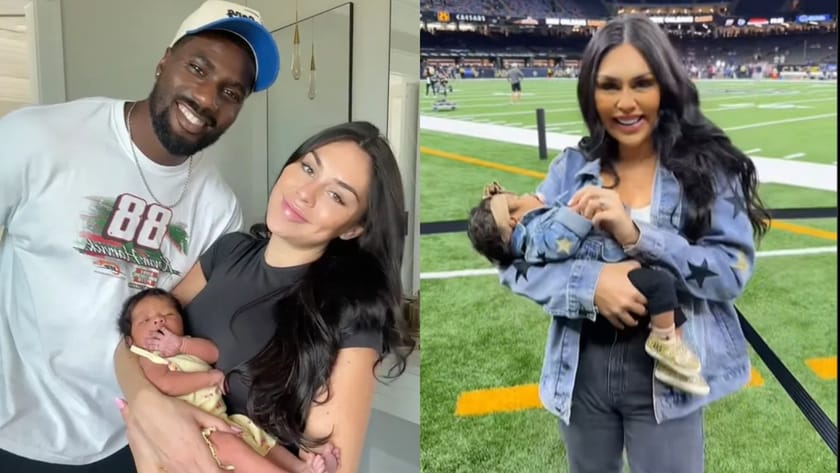 Chanen Johnson bonds with newborn daughter on sidelines while cheering ...