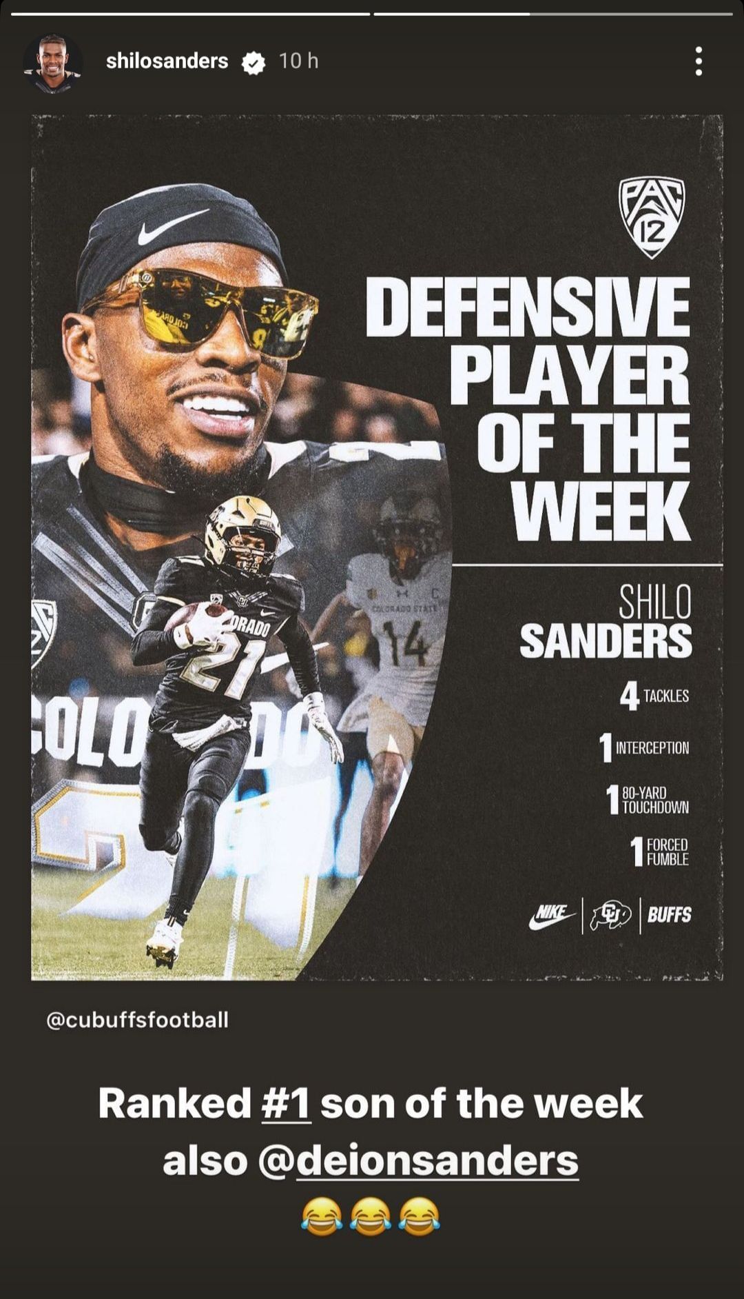 Deion Sanders' son Shilo Sanders ranks himself "No. 1" after debuting as Pac-12 Defensive Player ...