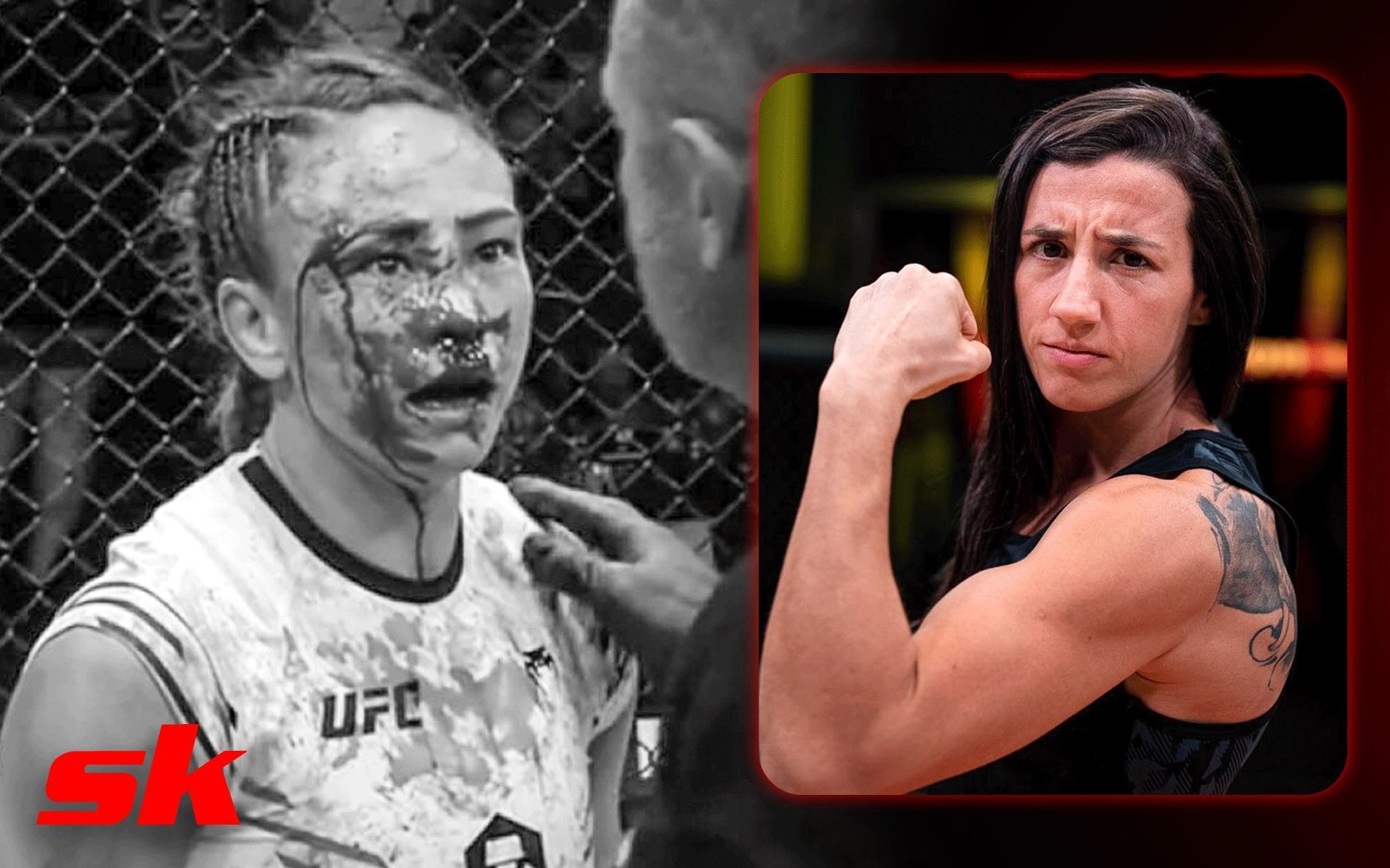A bruised and bloodied-up Michelle Waterson gets bulldozed by Marina ...