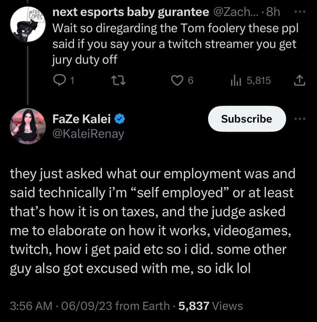 "I got immediately excused" - FaZe Kalei gets removed from jury duty ...