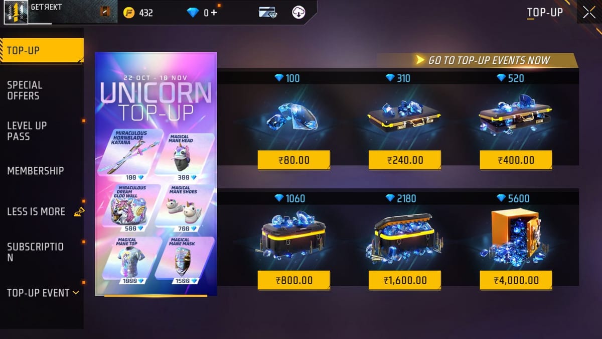 New Unicorn Top-Up event in Free Fire: Get free Miraculous Katana ...