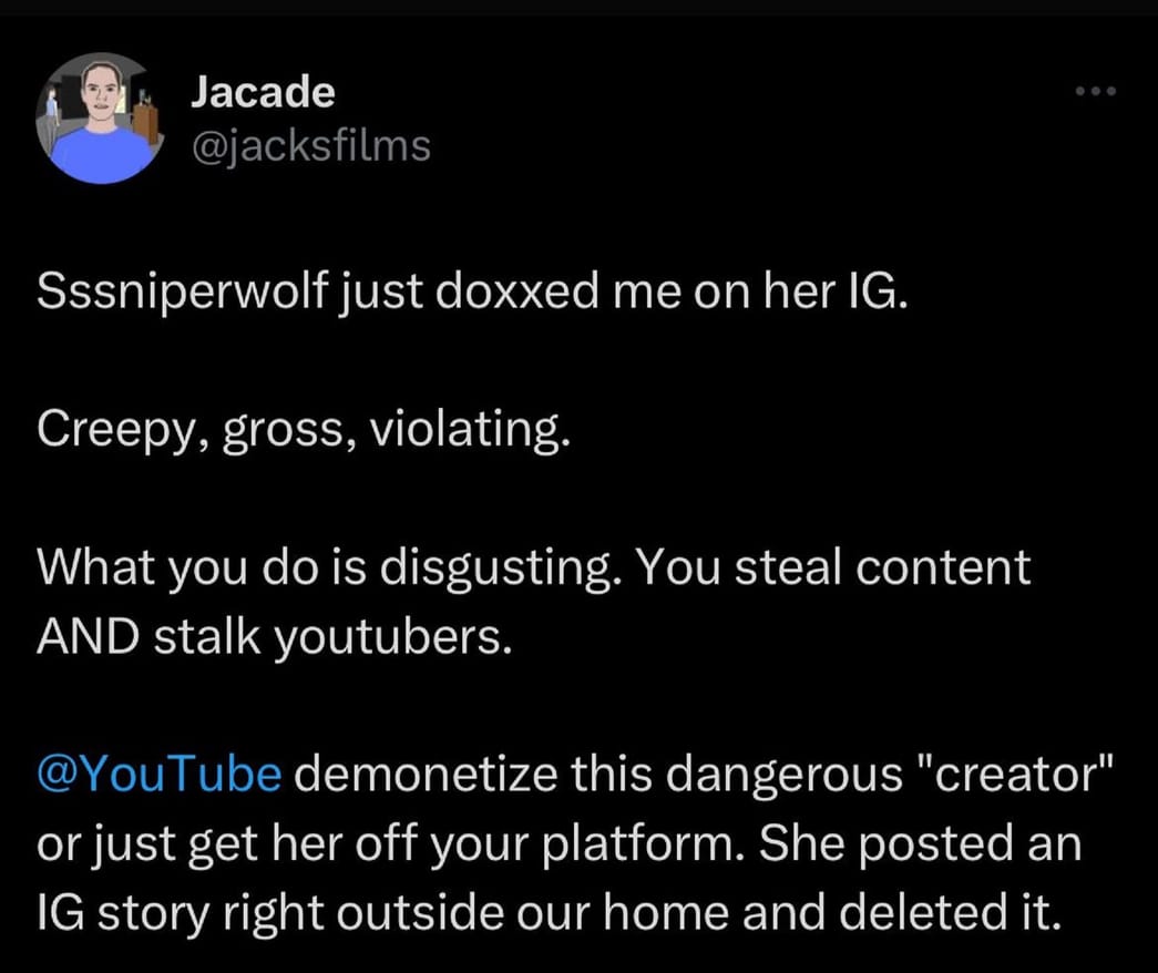 "Creepy, gross, violating" - Jacksfilms accuses SSSniperWolf of doxing ...