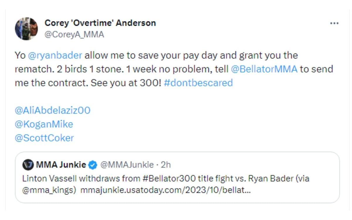 Bellator 300: “2 birds 1 stone” - Ryan Bader's Bellator 300 opponent ...