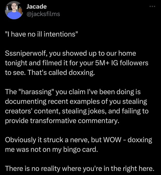 Creepy Gross Violating Jacksfilms Accuses Sssniperwolf Of Doxing