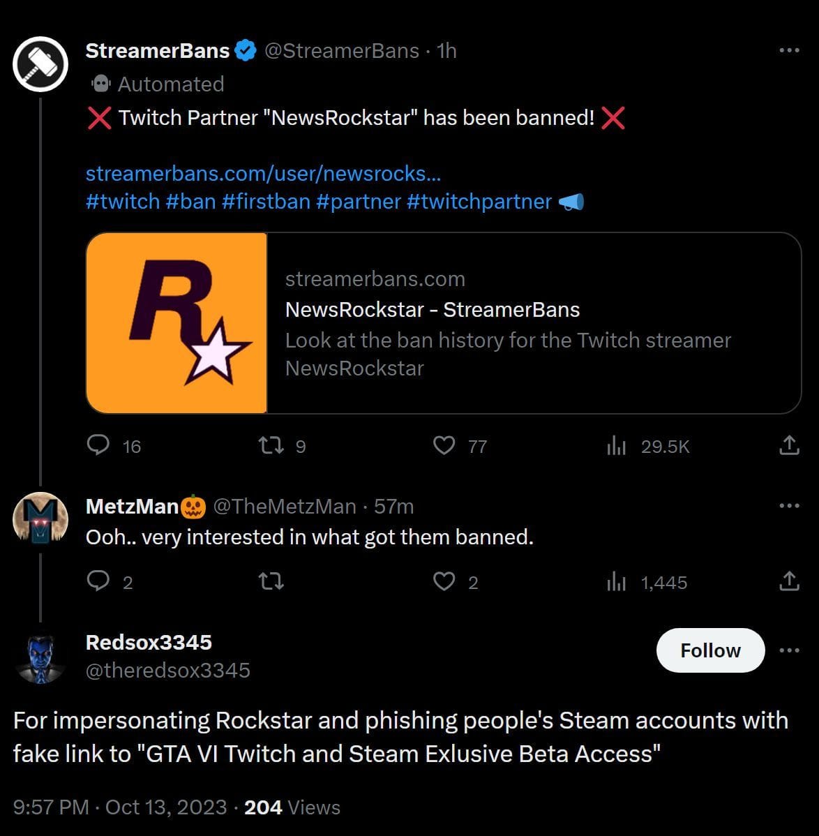 Fake Rockstar channel on Twitch gets banned after alleged phishing, had ...