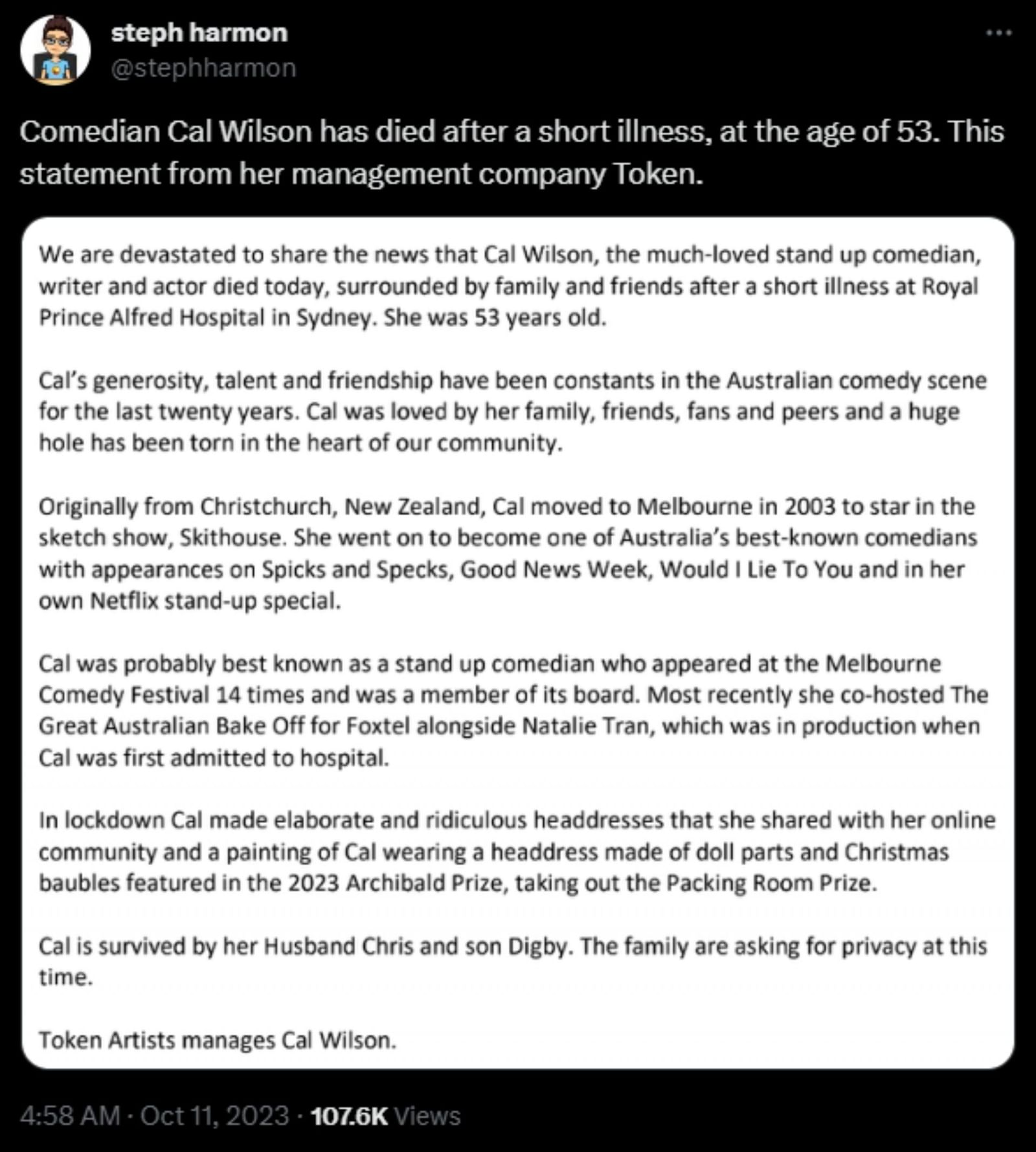 Who was Cal Wilson married to? All about her family as beloved New ...