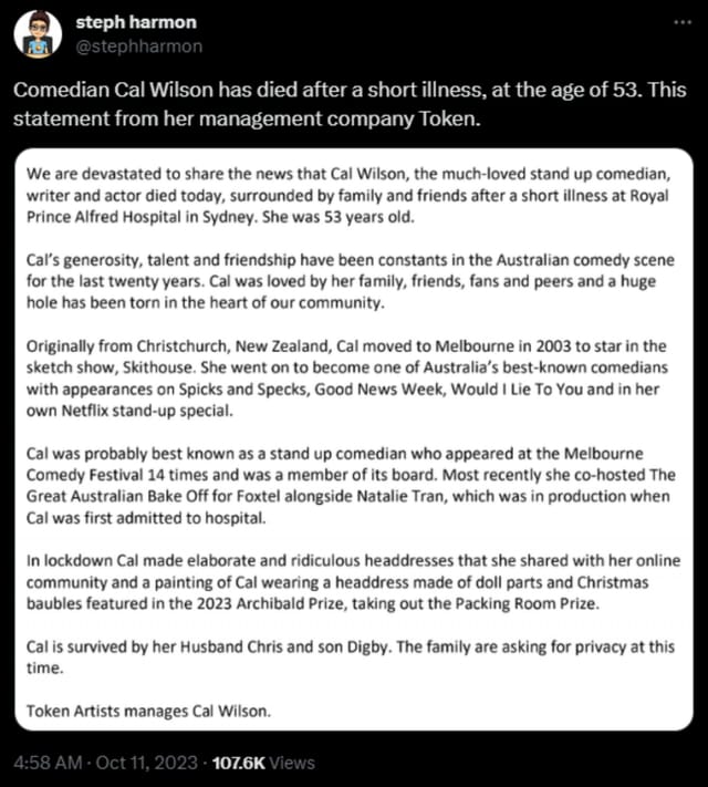 Who was Cal Wilson married to? All about her family as beloved New ...