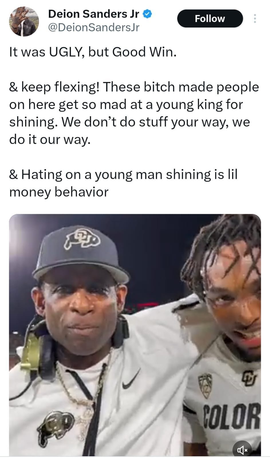 "Hating on a young man shining is lil money behavior" - Deion Sanders ...