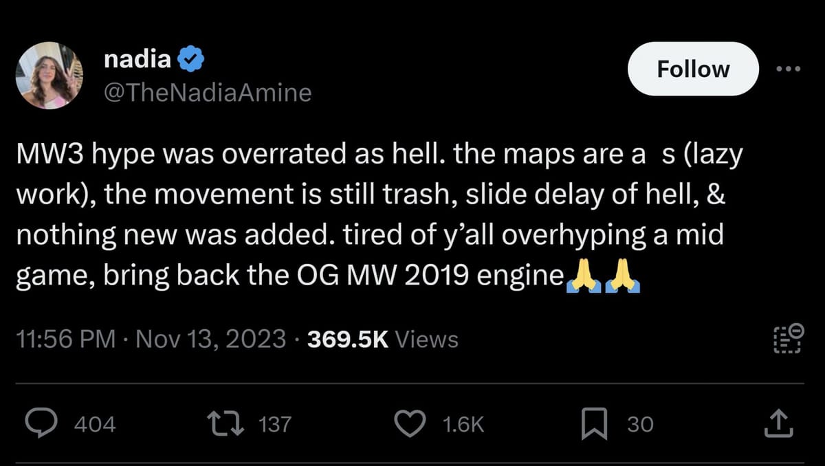 "Totally baiting" - Modern Warfare 3 fans call out Nadia for saying the ...