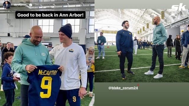 Derek Jeter bestowed with Football memorabilia by J. J. McCarthy on ...