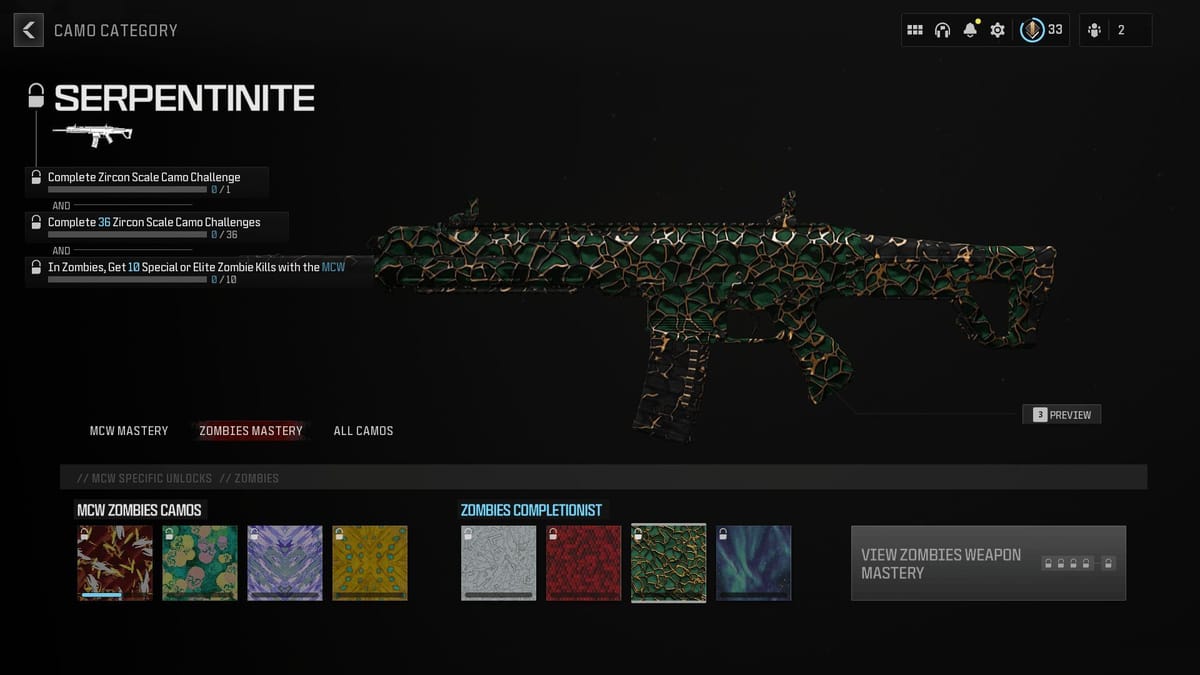 How to get Serpentinite camo in Modern Warfare 3 Zombies