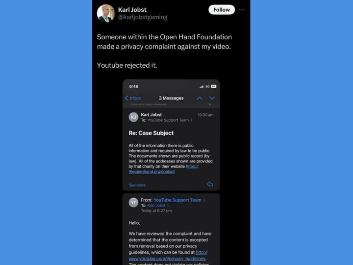 “YouTube rejected it” - Karl Jobst reveals Open Hand Foundation attempted to take down his video ...