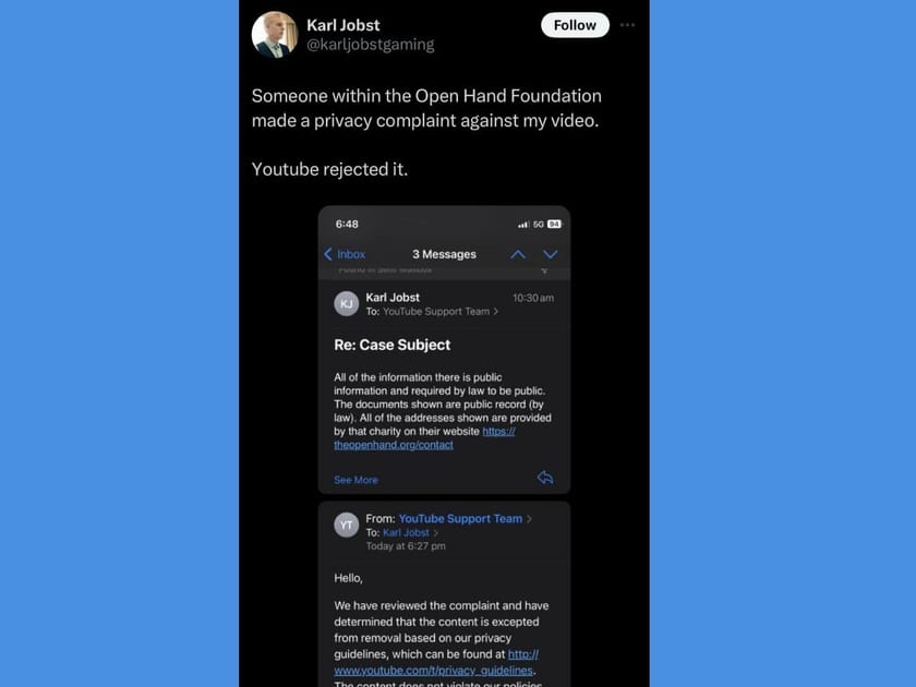 “YouTube rejected it” - Karl Jobst reveals Open Hand Foundation ...