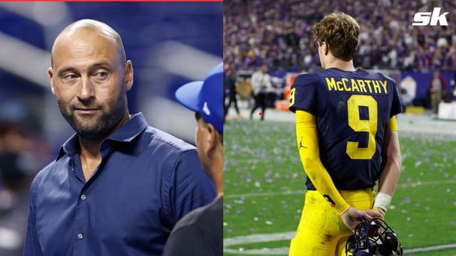 Derek Jeter bestowed with Football memorabilia by J. J. McCarthy on ...