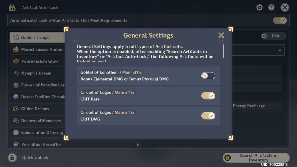 How to use artifact auto-lock feature in Genshin Impact
