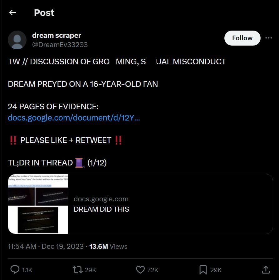 What are the latest grooming allegations against Dream in 24-page document?