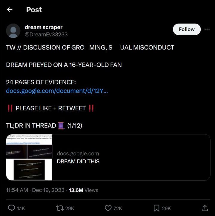 What are the latest grooming allegations against Dream in 24-page document?