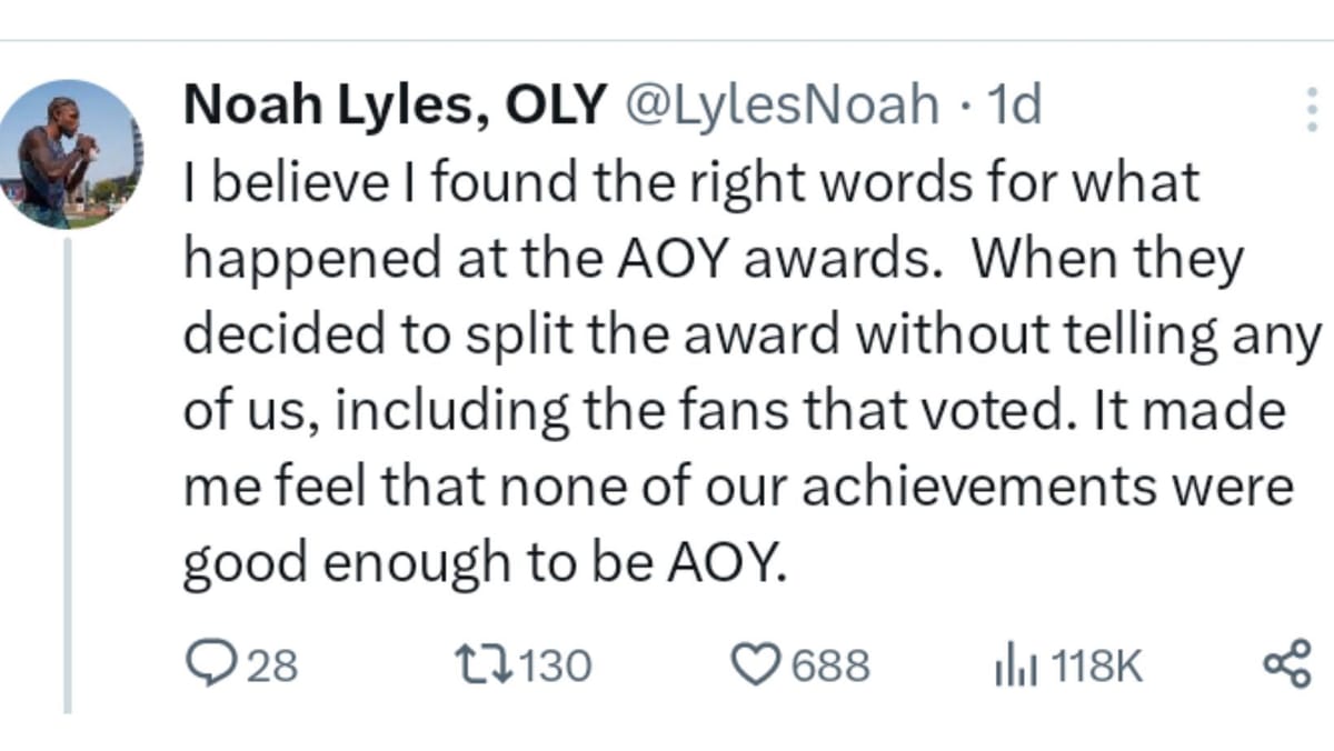 Noah Lyles congratulates Jaydon Hibbert on winning The Bowerman Award