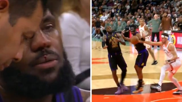 Watch: LeBron James gets inadvertently hit in the face by Rui Hachimura ...