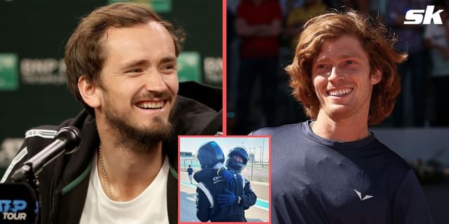 In pictures: Daniil Medvedev and Andrey Rublev turn race car drivers during fun outing in Abu ...