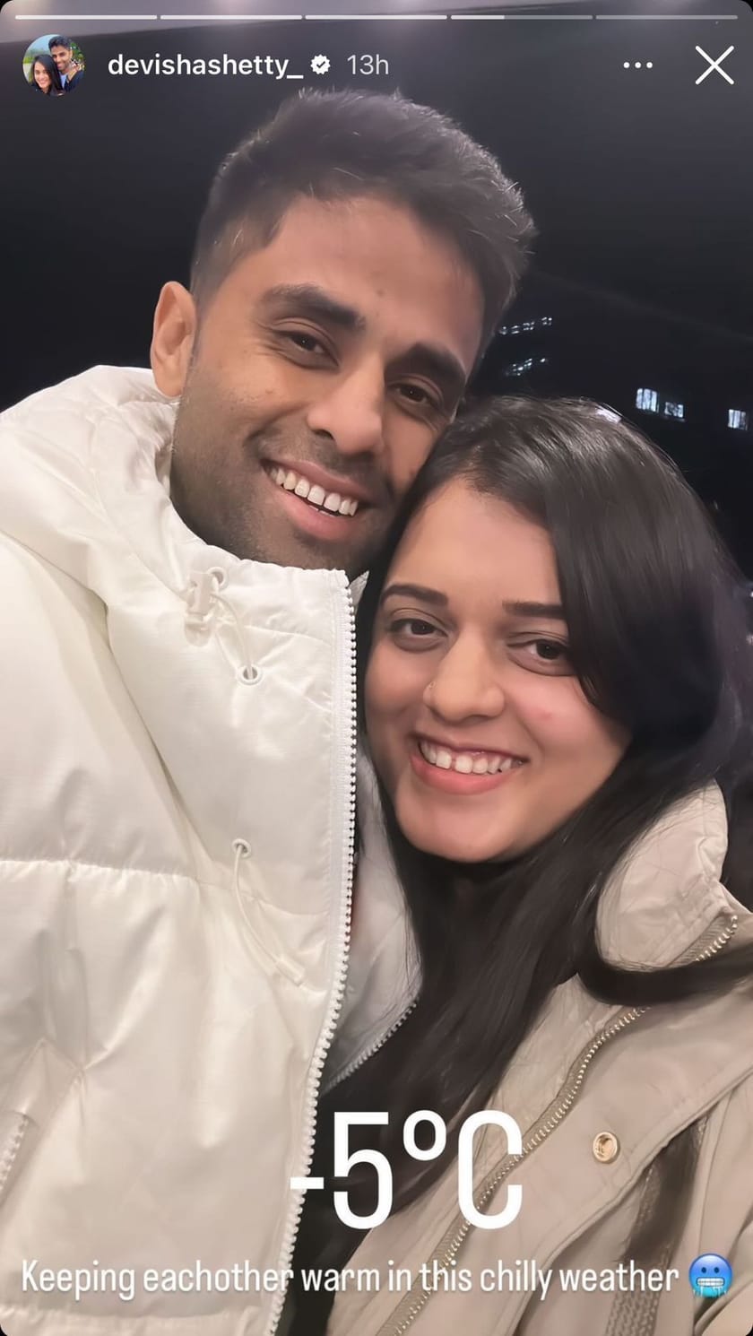 "Kapdo pe mat jaana" - Suryakumar Yadav poses with wife Devisha in freezing cold
