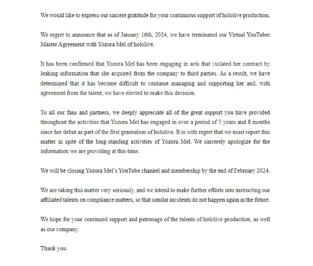 Why was VTuber Yozora Mel terminated from Hololive? Controversy explored