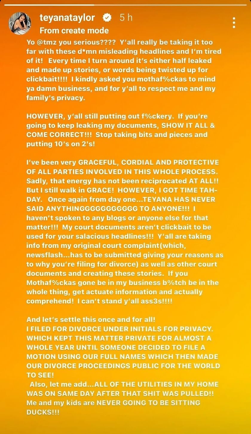 “Y’all still putting out f%ckery”: Teyana Taylor slams TMZ for 'misleading' divorce coverage ...