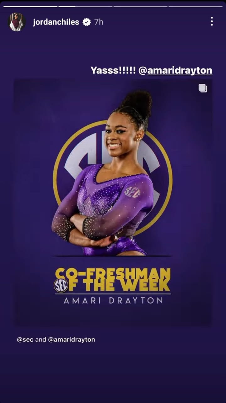 LSU Gymnastics' Amari Drayton congratulated by Jordan Chiles and Joscelyn Robertson on being ...