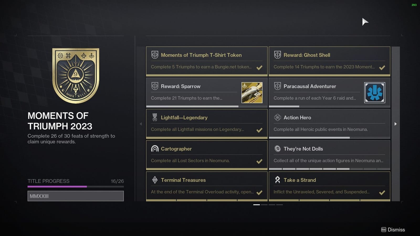 All Destiny 2 Moments of Triumph objectives and rewards for MMXXIII