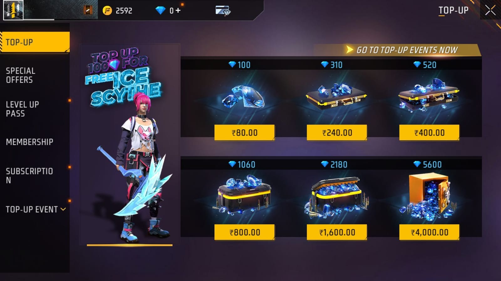 Free Fire Ice Top-Up event: Ice Scythe and more rewards