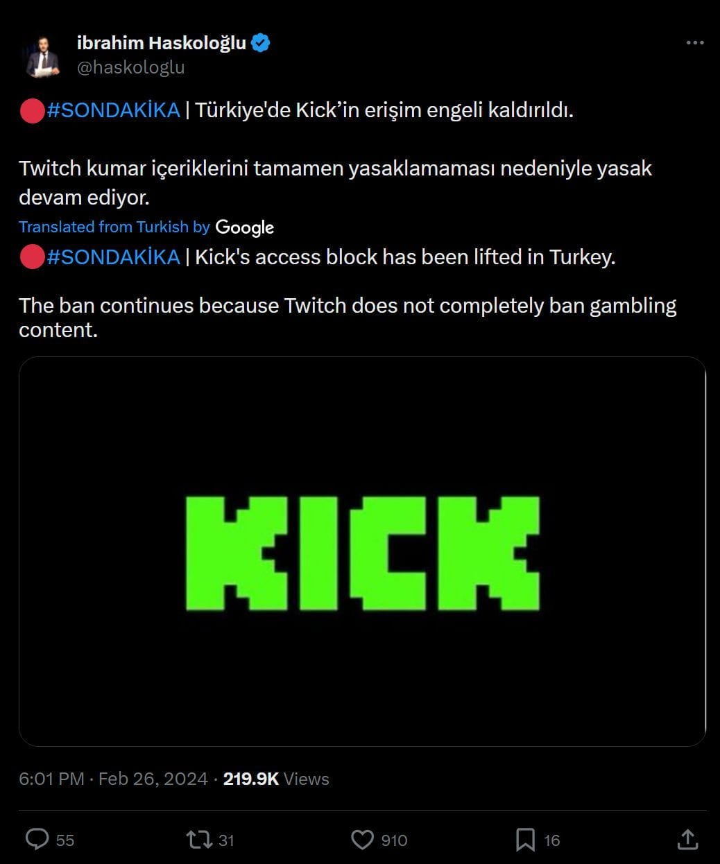 Turkey reportedly lifts ban on Kick after removal of gambling content ...