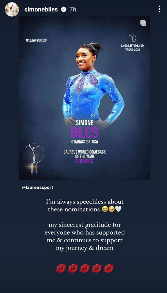 Simone Biles pens a note of gratitude after being nominated for the ...
