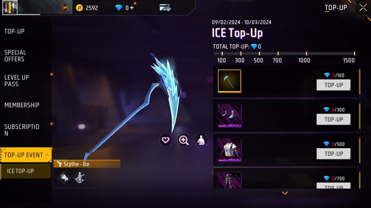 Free Fire Ice Top-Up event: Ice Scythe and more rewards