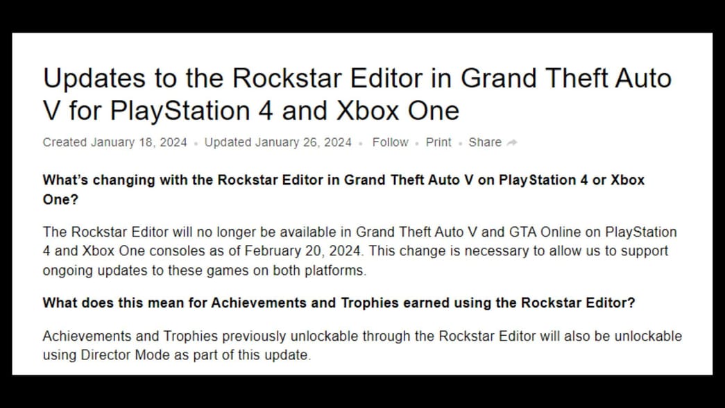 GTA 5 update of today removes Rockstar Editor from PS4 and Xbox One