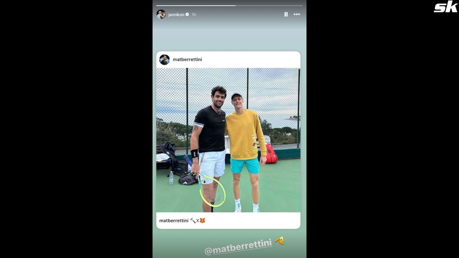 Jannik Sinner and Matteo Berrettini all smiles as they practice together in Monte Carlo ahead of ...
